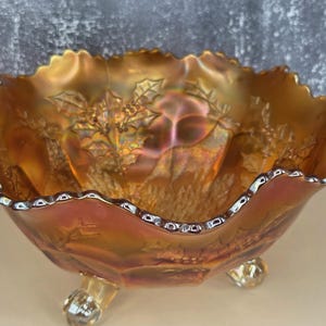 Vintage Fenton Stag and Holly Marigold Carnival Glass Footed Bowl - Etsy