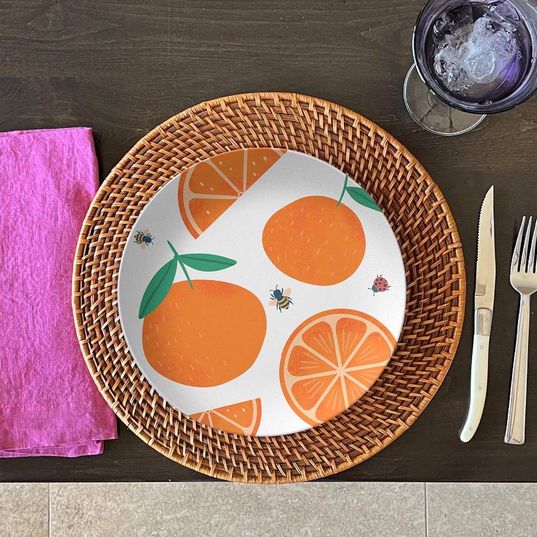 Unbreakable Dinner Plate, Orange Crush White W Bees, by Artist Charly ...