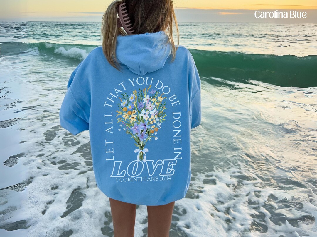Trendy Christian Sweatshirt Merch, Words on Back Floral Beach Hoodie ...