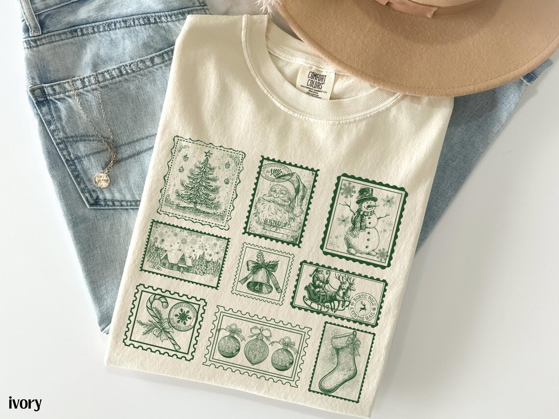 Retro Christmas Postage Stamp Shirt, Vintage Santa Stamps, Family ...