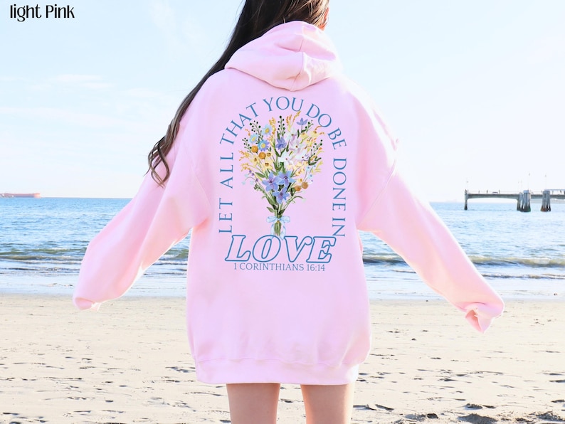 Trendy Christian Sweatshirt Merch, Words on Back Floral Beach Hoodie ...