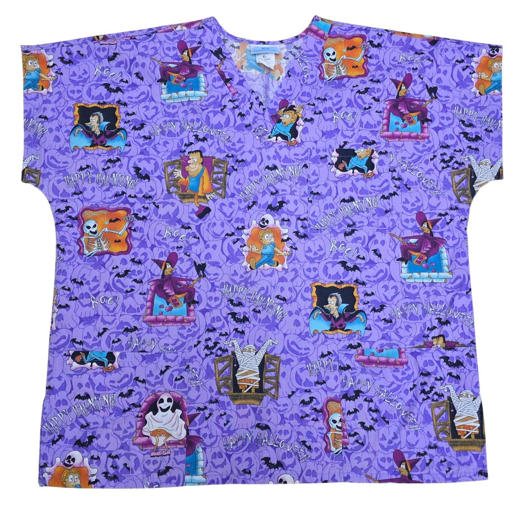 Vintage Fashion Scrubs Halloween Print Purple Scrub Top Women's XL - Etsy