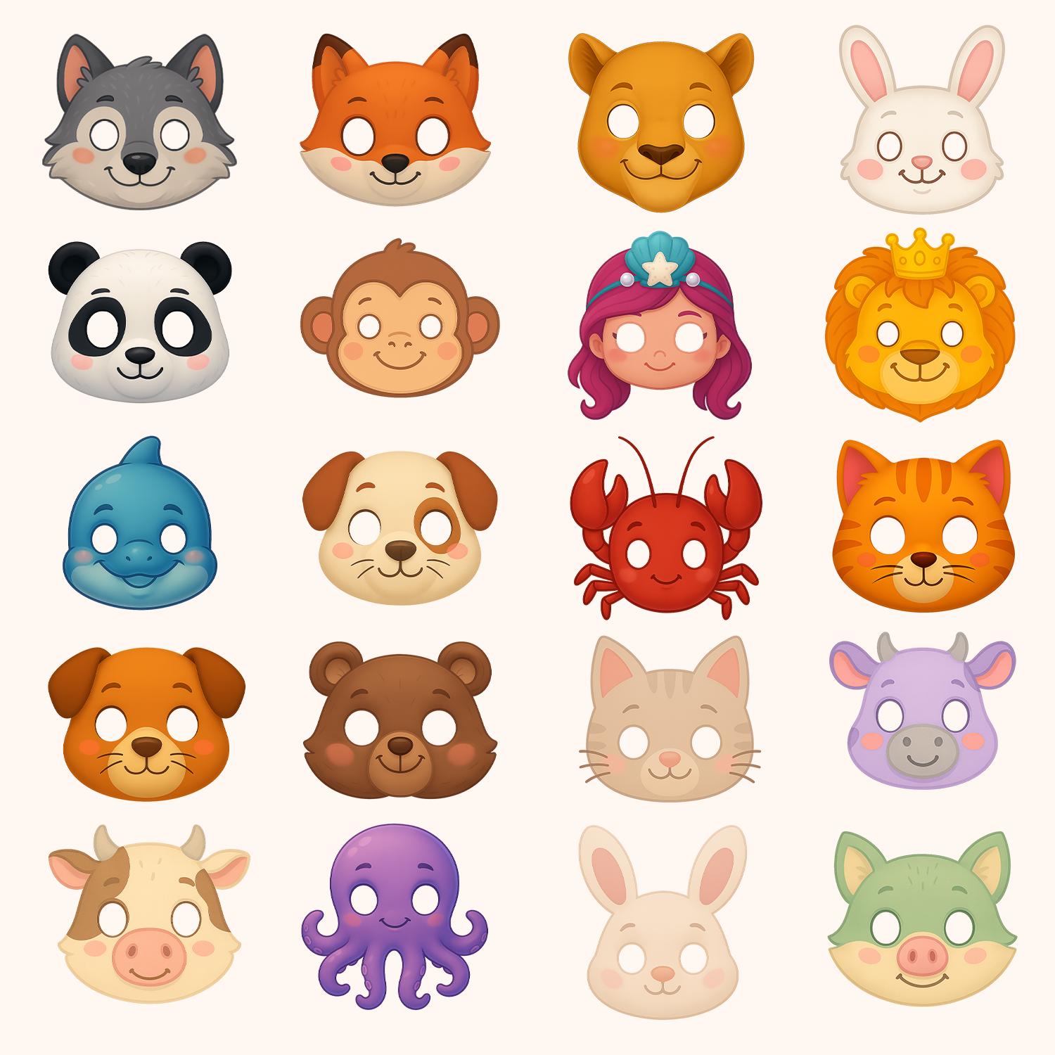 Animal Face Mask Clipart for Kids: 20 Printable Pngs (digital Download ...