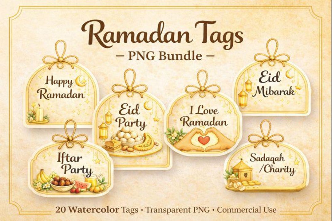 Ramadan Tags PNG Bundle| 20 Watercolor Gift Tags, Transparent PNG ...