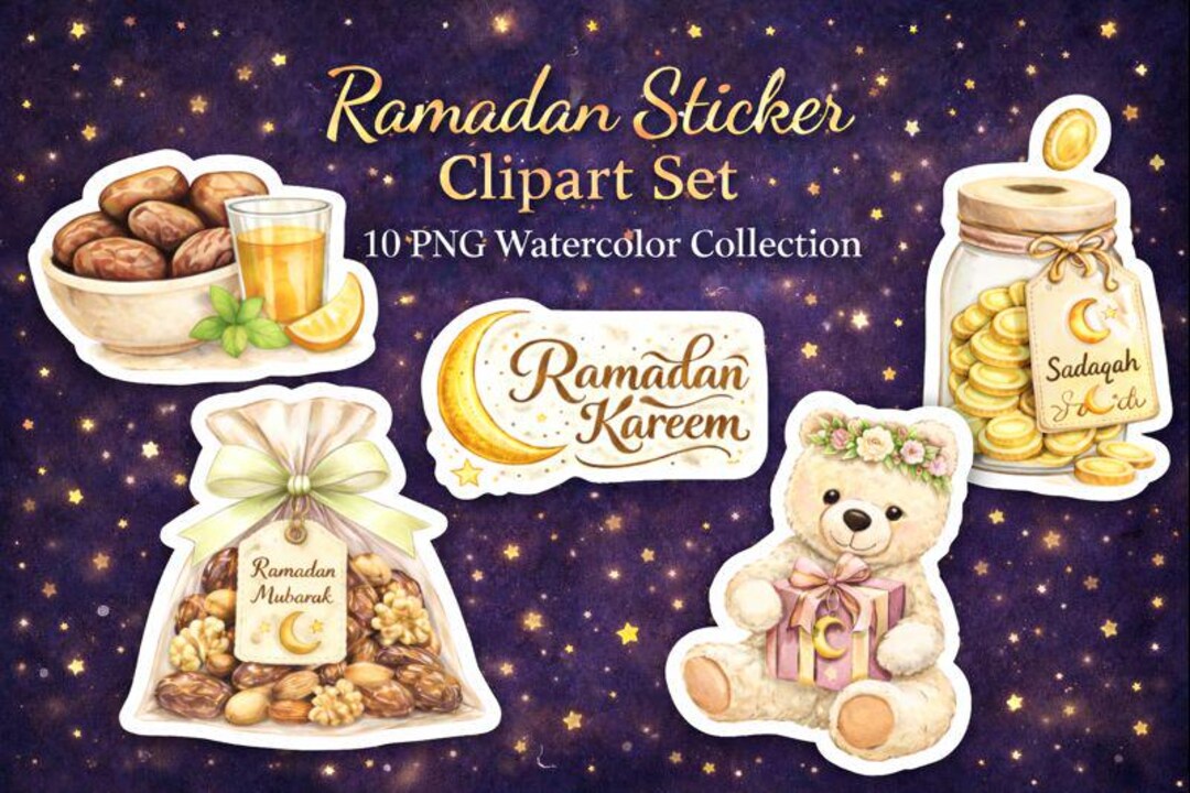 Ramadan Watercolor Sticker Clipart Set – 10 PNG Stickers | Ramadan ...