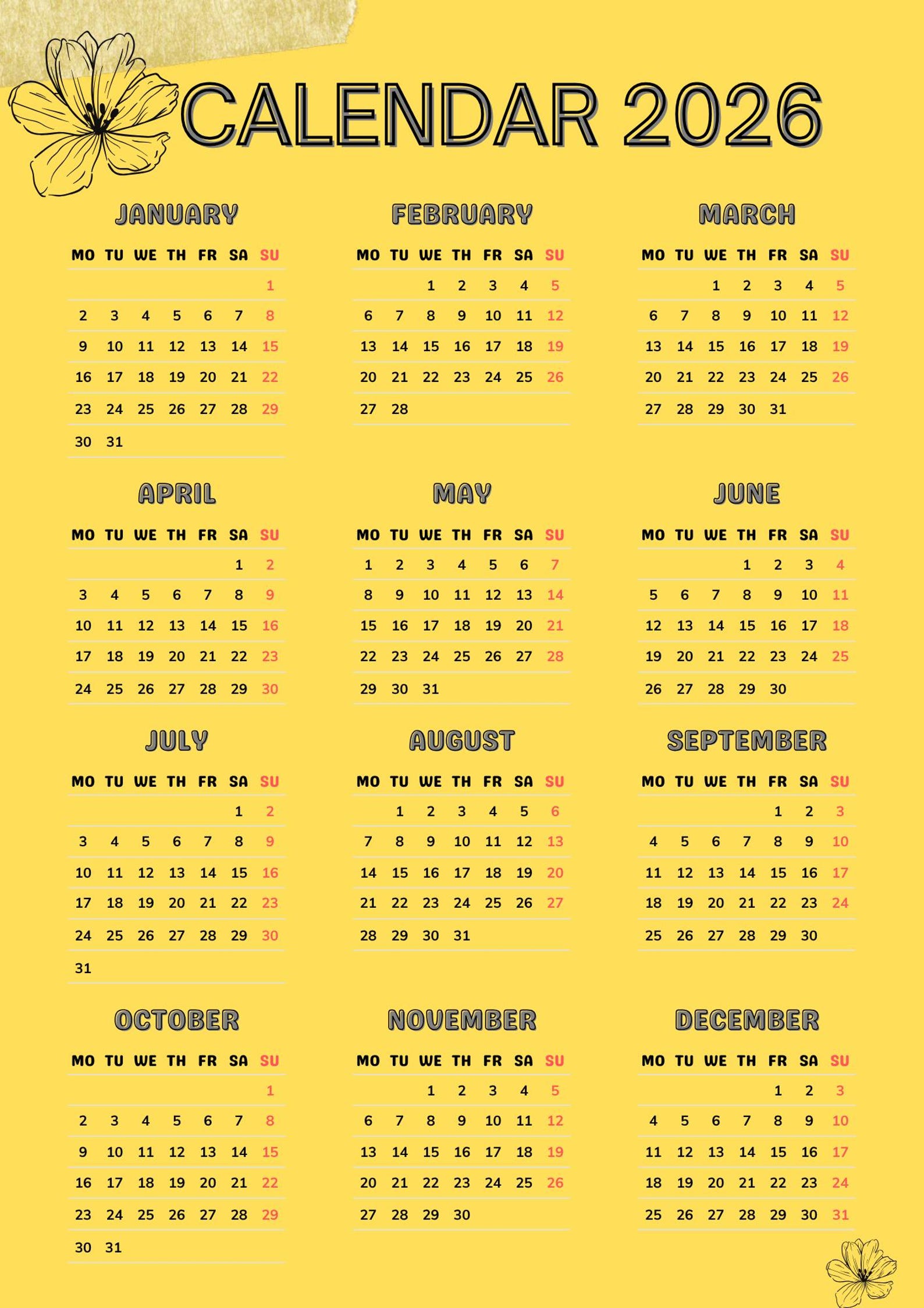 12-month Calendar (january to December 2026 - Etsy
