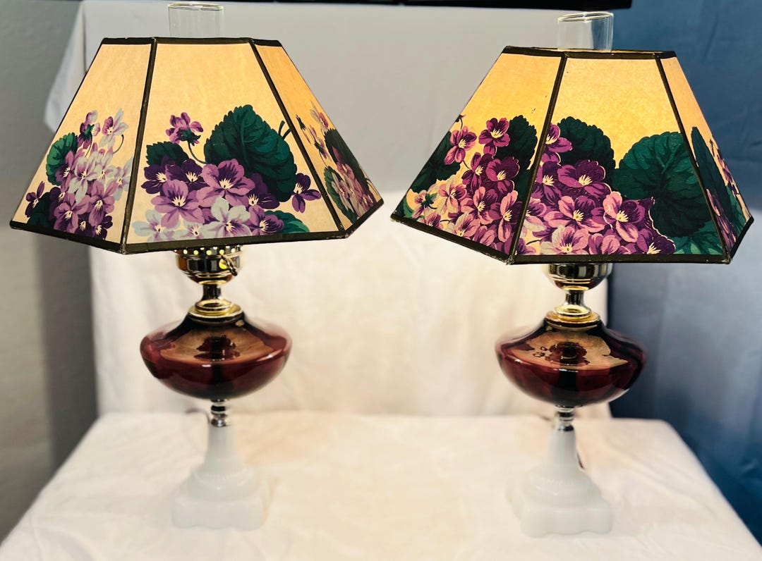 Vintage Floral Table Lamps Pair – Burgundy Glass, Cottagecore Decor - Etsy