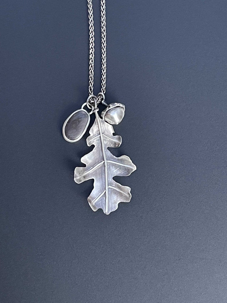 Hand Forged Oak Leaf Acorn and River Rock Charm Pendant - Etsy