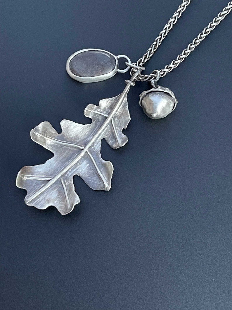 Hand Forged Oak Leaf Acorn and River Rock Charm Pendant - Etsy