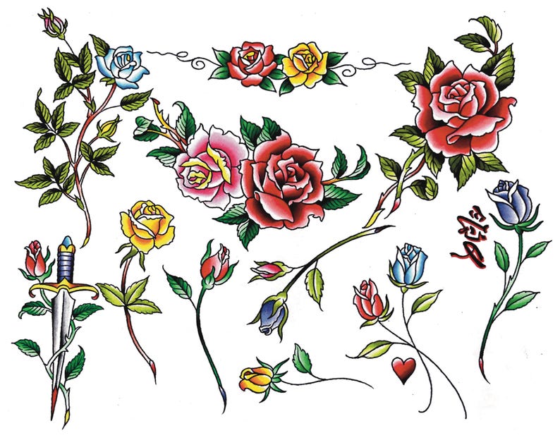 Traditional Tattoo Rose Flash Sheet – Vintage Watercolor Style | 11x14 ...