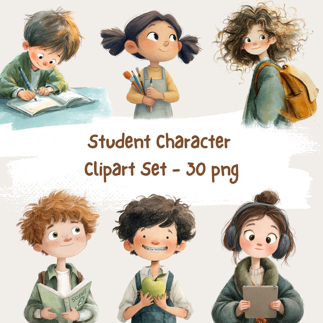 Back to School Kids Clipart Set, Watercolor Student Characters, 30 PNG ...