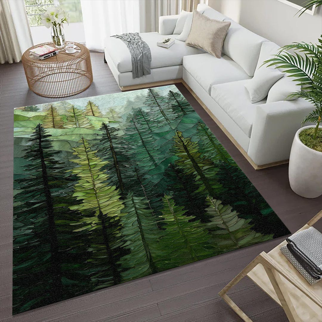 Stained Glass Forest Rug | Green Pine Tree Area Mat | Modern Nature ...