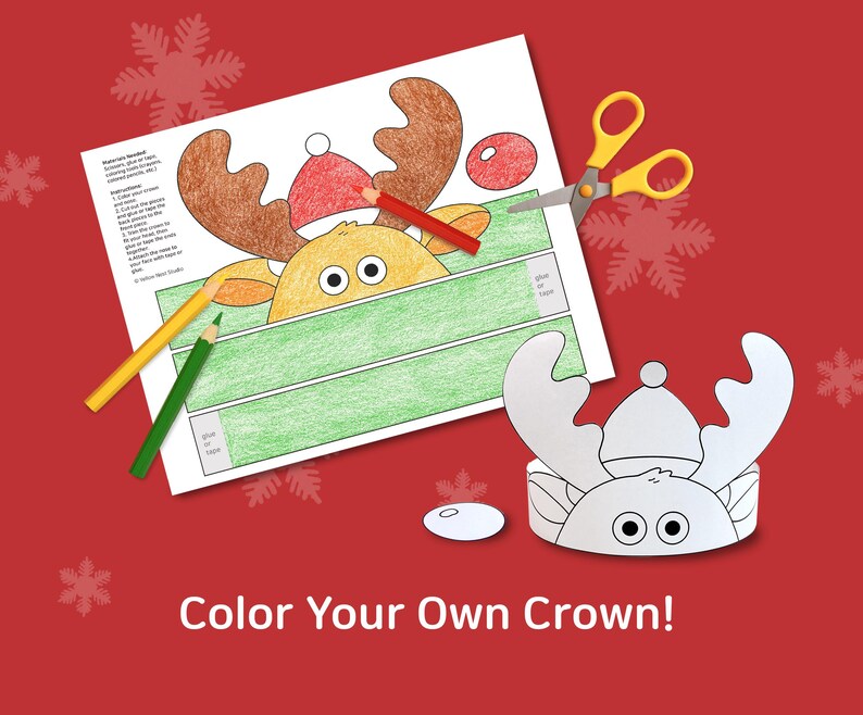Rudolph Paper Coloring Crown, Instant Download Winter Paper Crown ...