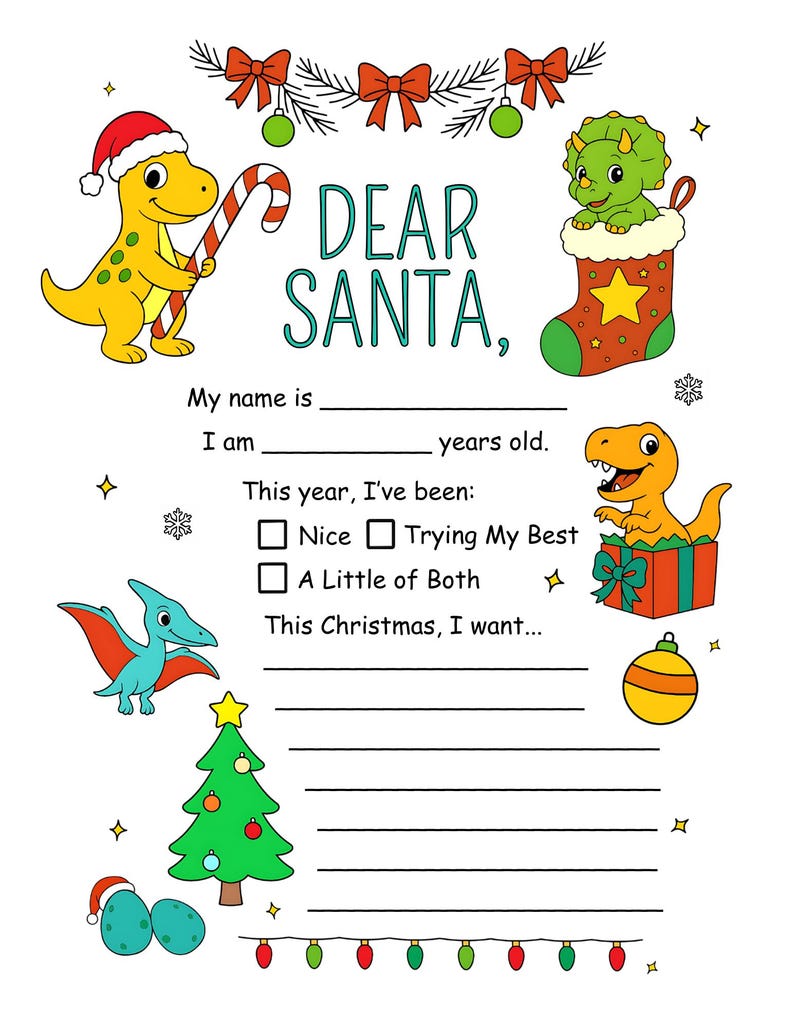 Dinosaur Kids Letter to Santa Printable – Christmas Santa Letter ...