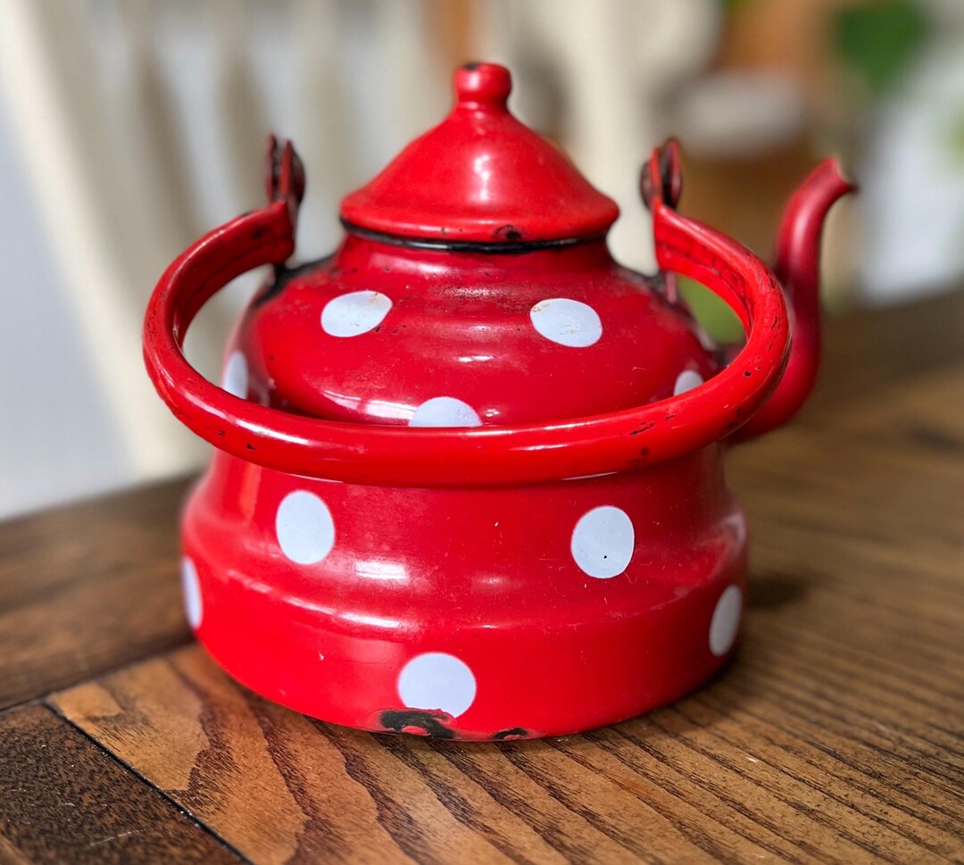 Vintage Red Polka Dot Enamelware Teapot - Miniature White Spotted Tea ...