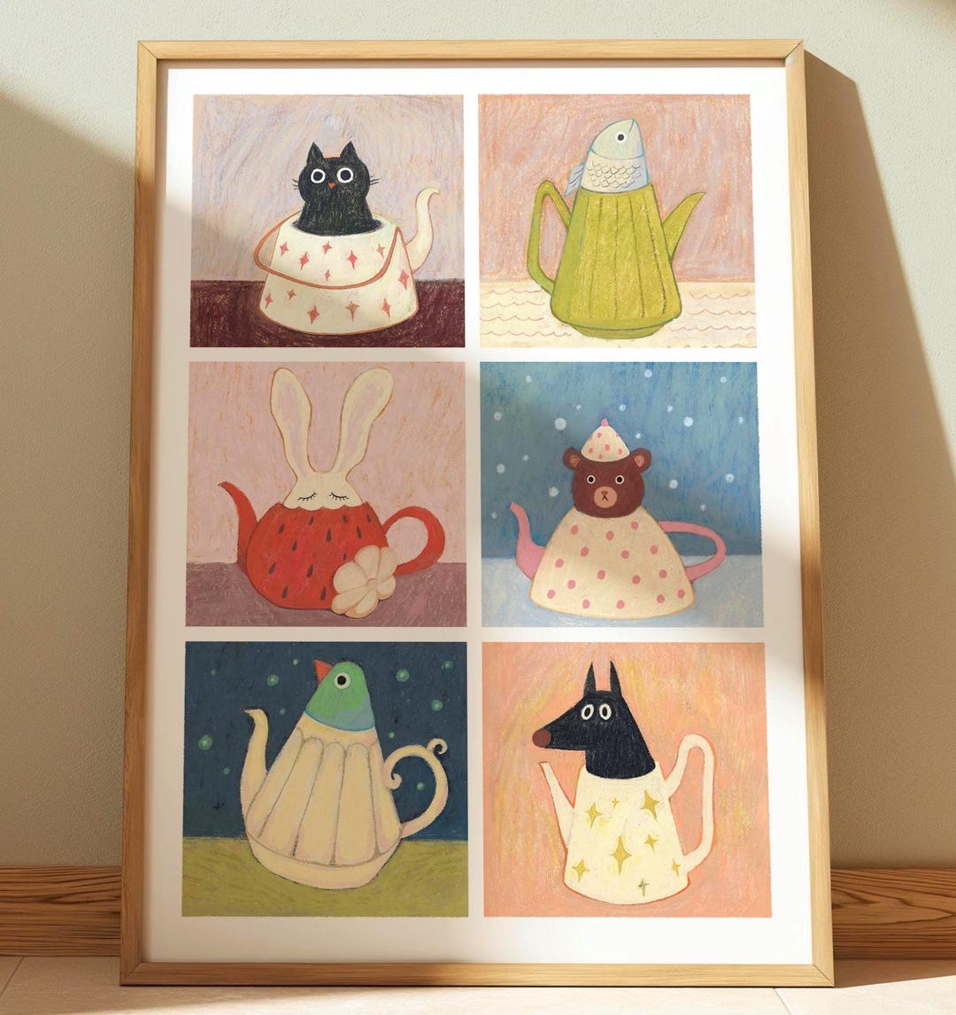 Hand-drawn Teapot Animals Art Print | Pastel Nursery Decor - Etsy
