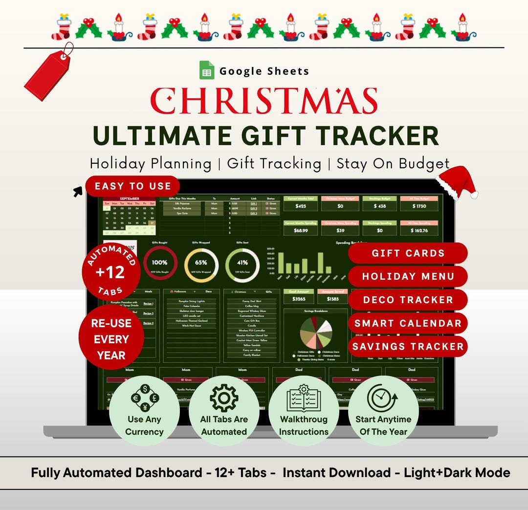 Ultimate Christmas Gift Tracker Spreadsheet Dark Mode Holiday Gift ...