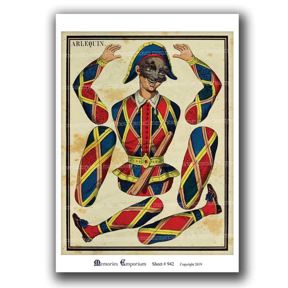 Printable Marionette Paper Puppet Arlequin Harlequin Antique Toy French ...
