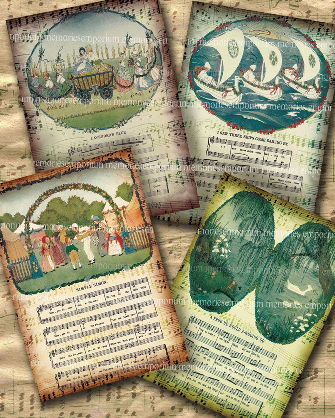 Nursery Rhyme Song Book Pages Antique Postcard Size Decoupage ...