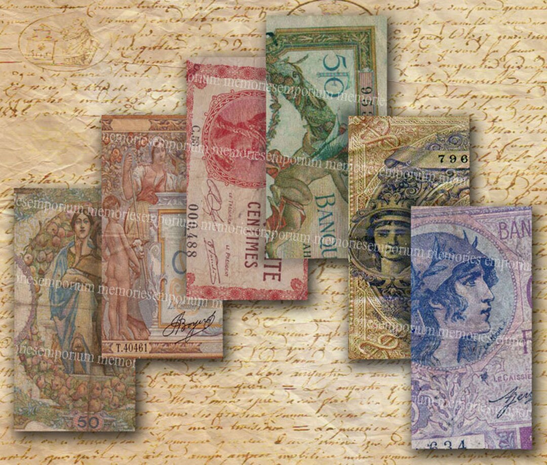 Shabby Chic French Paper Money Old Currency 1 X 2 Inch Domino Jewelry ...