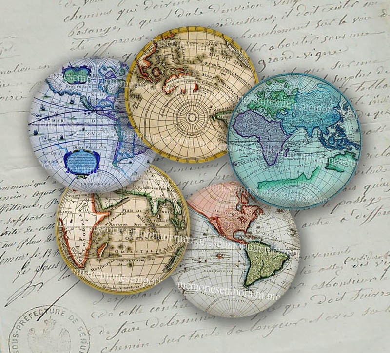 Antique World Globe Maps Earth Continents Hemispheres Vintage Charts 2 ...