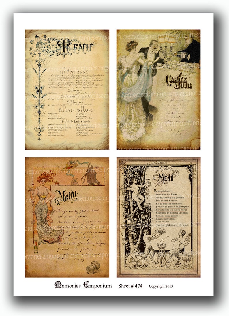 Menu Cards French Antique Fantasy Postcard Size Food Menu Shabby Chic ...