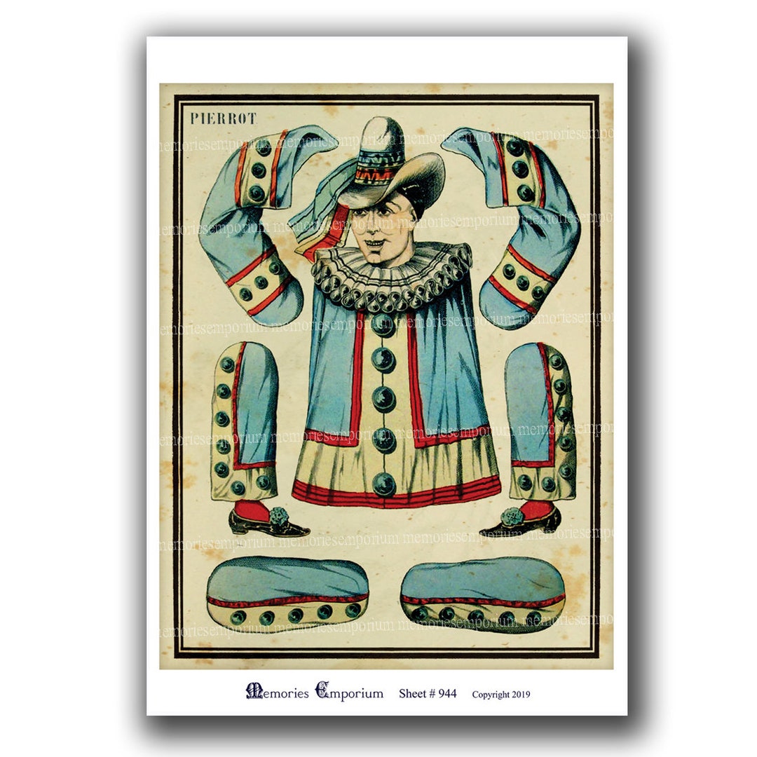 Pierrot Printable Marionette Clown Paper Puppet Antique Toy French ...