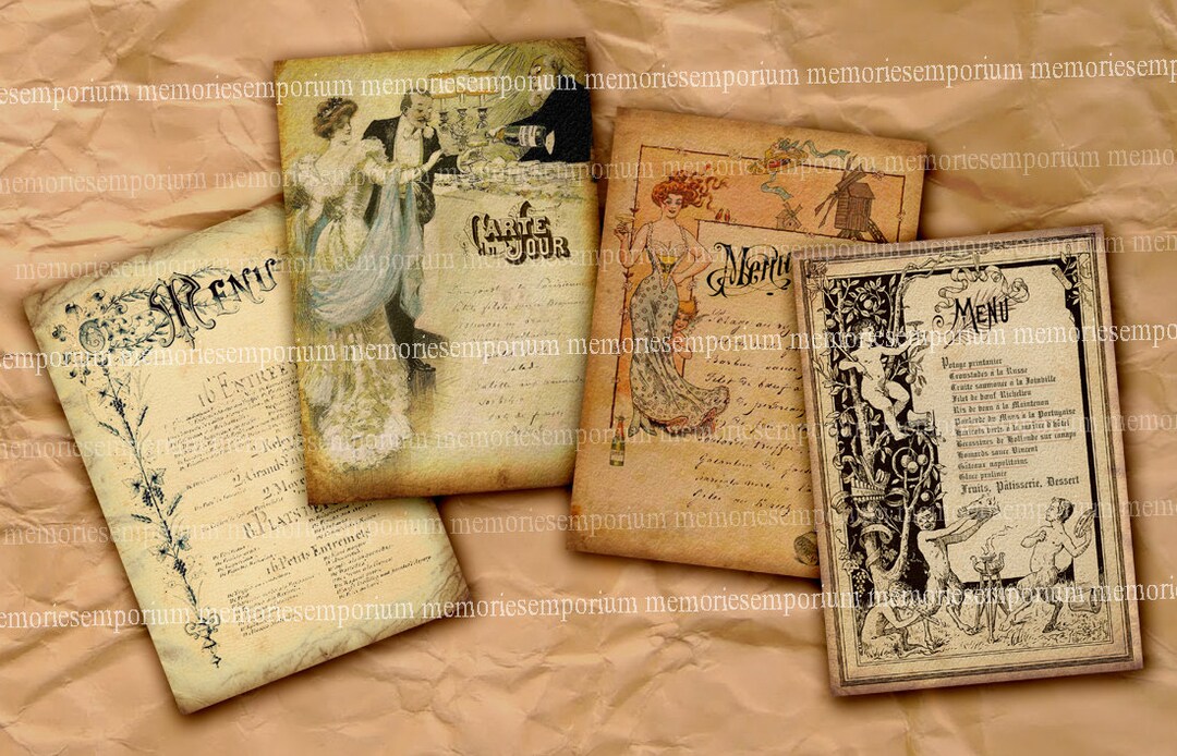 Menu Cards French Antique Fantasy Postcard Size Food Menu Shabby Chic ...
