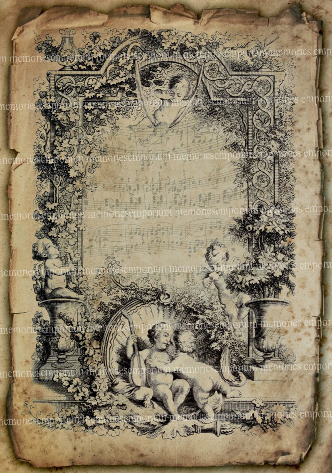 Antique Music Page Shabby Chic Grunge Cherubs Decoupage Tattered ...