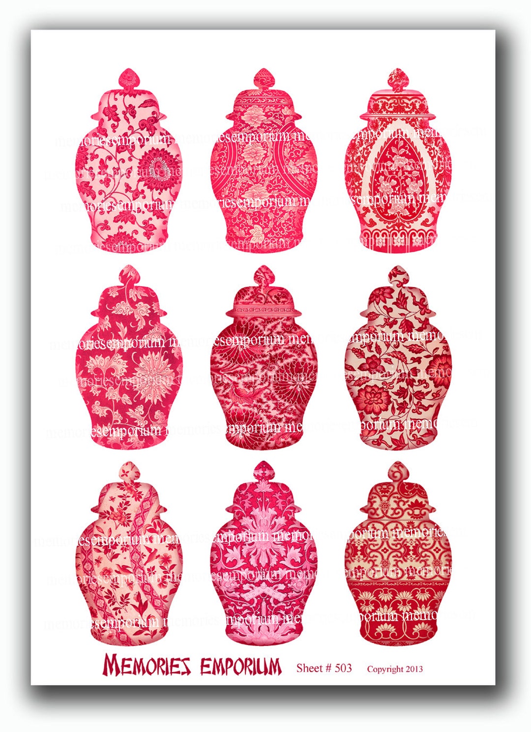 Red and White Chinese Pattern Silhouettes of Lidded Jars Collage Sheet ...