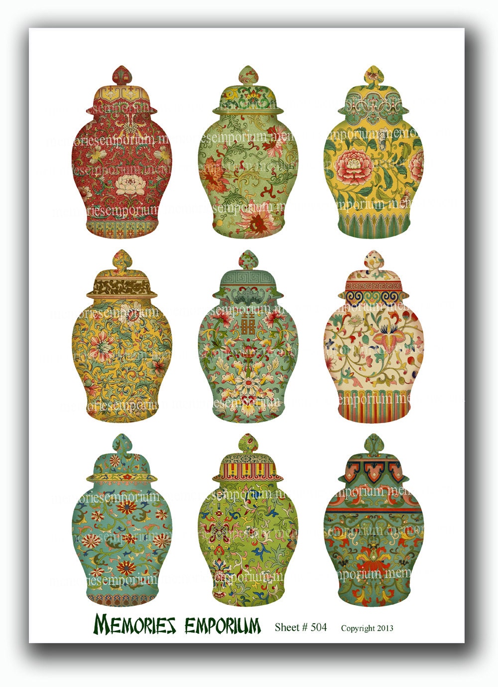 Chinese Pattern Silhouettes of Lidded Jars Collage Sheet Asian Oriental ...