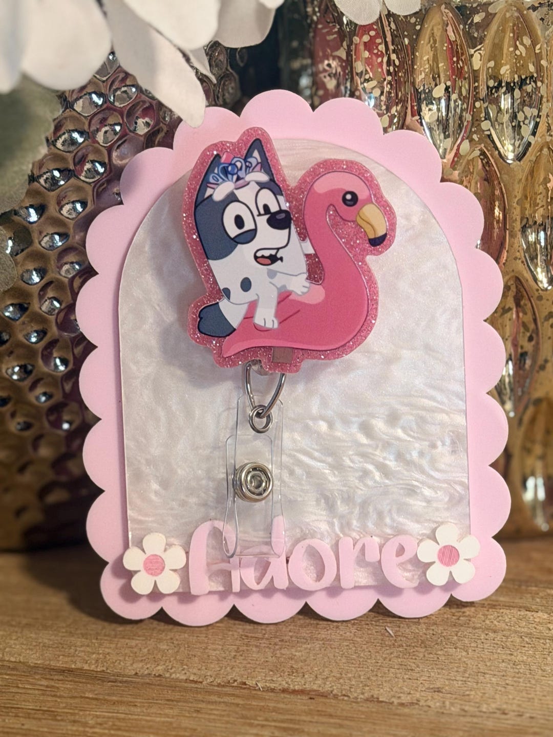 Bluey /muffin Ride in a Flamingo /purple/glutter/id Badge /kids Badge ...