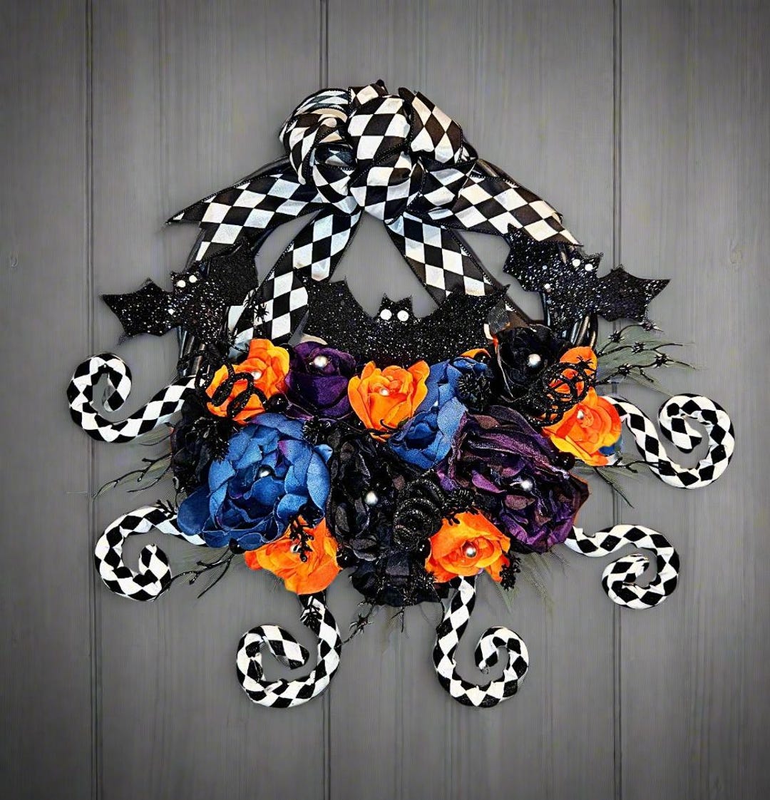 Gothic Rose Harlequin Bat Wreath, Whimsical Halloween Decor - Etsy