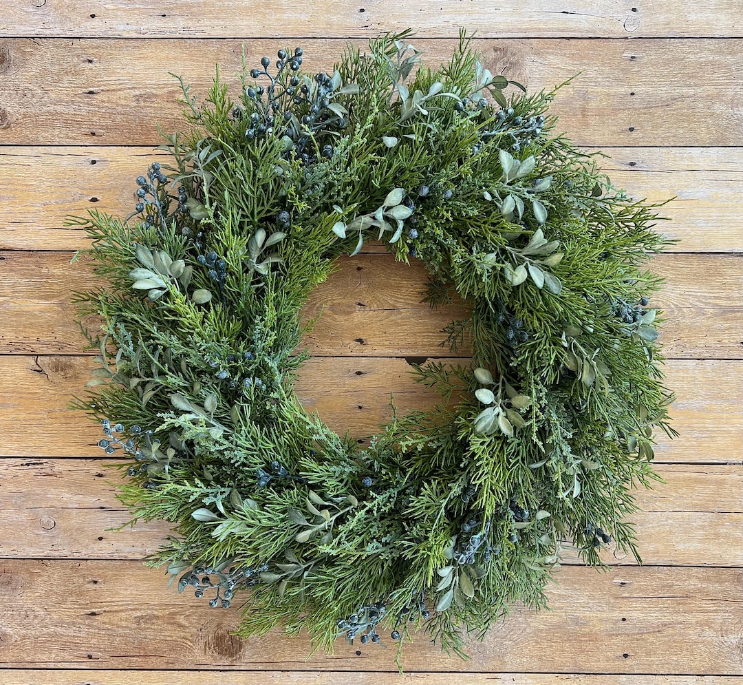 Winter Greenery Wreath, Faux Cedar & Blueberry Wreath for Front Door ...
