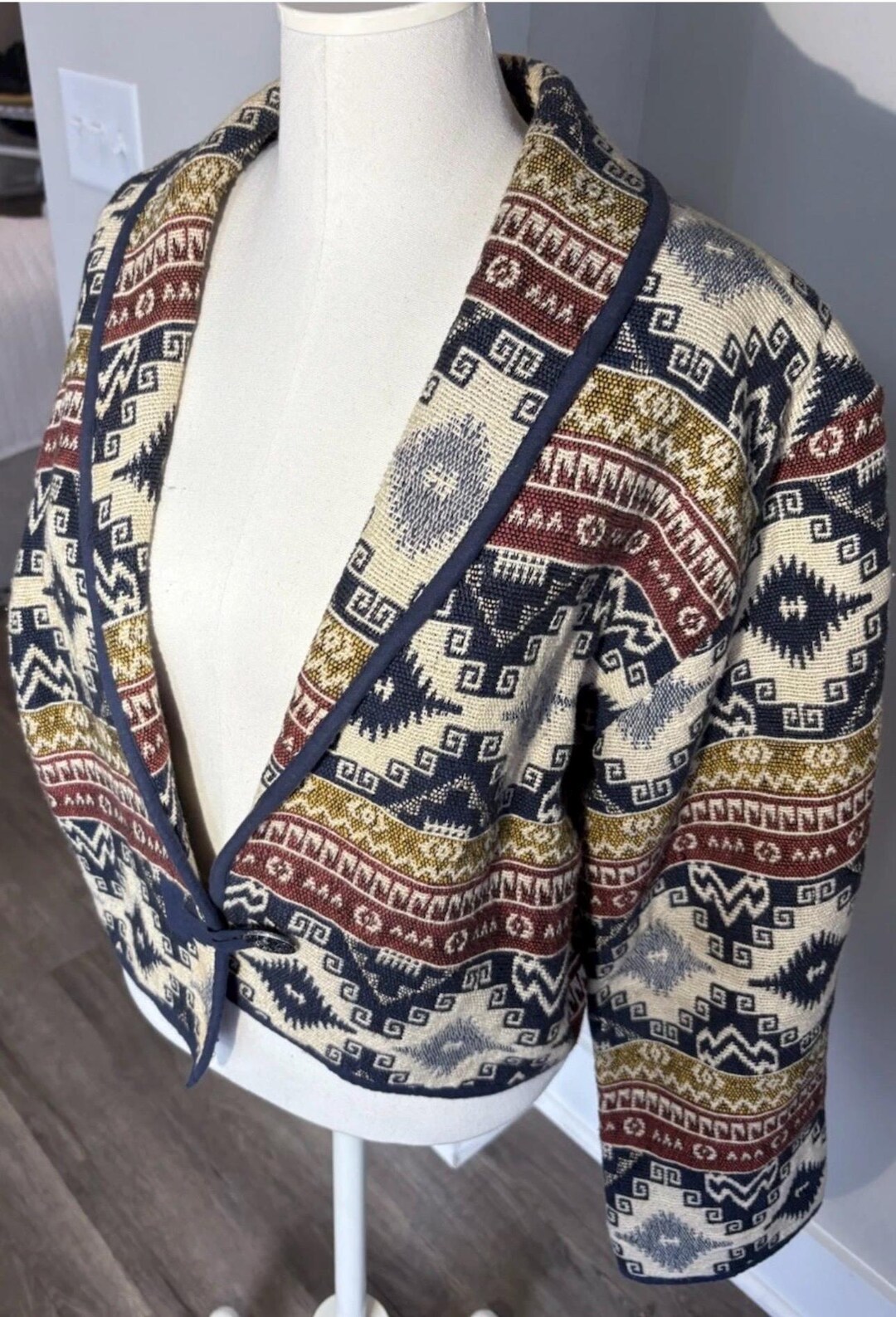 VTG Flashback Southwestern Tapestry Jacket Navy Gold Red Tan Womens Med ...