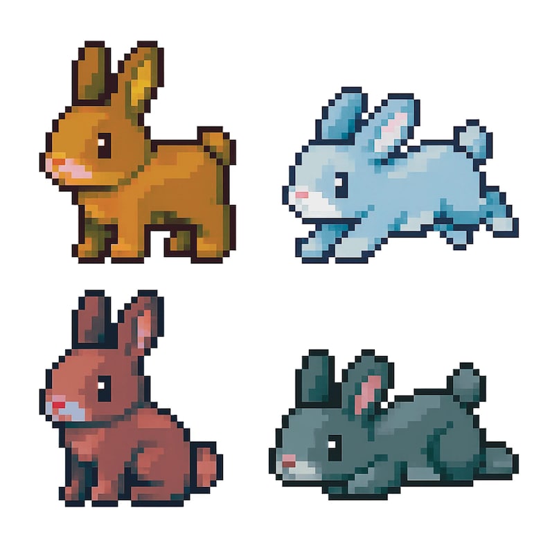 8 Bits Pixel Art / Pixelated Kawaii Bunny Graphic Set (left) / 4 Poses+ ...