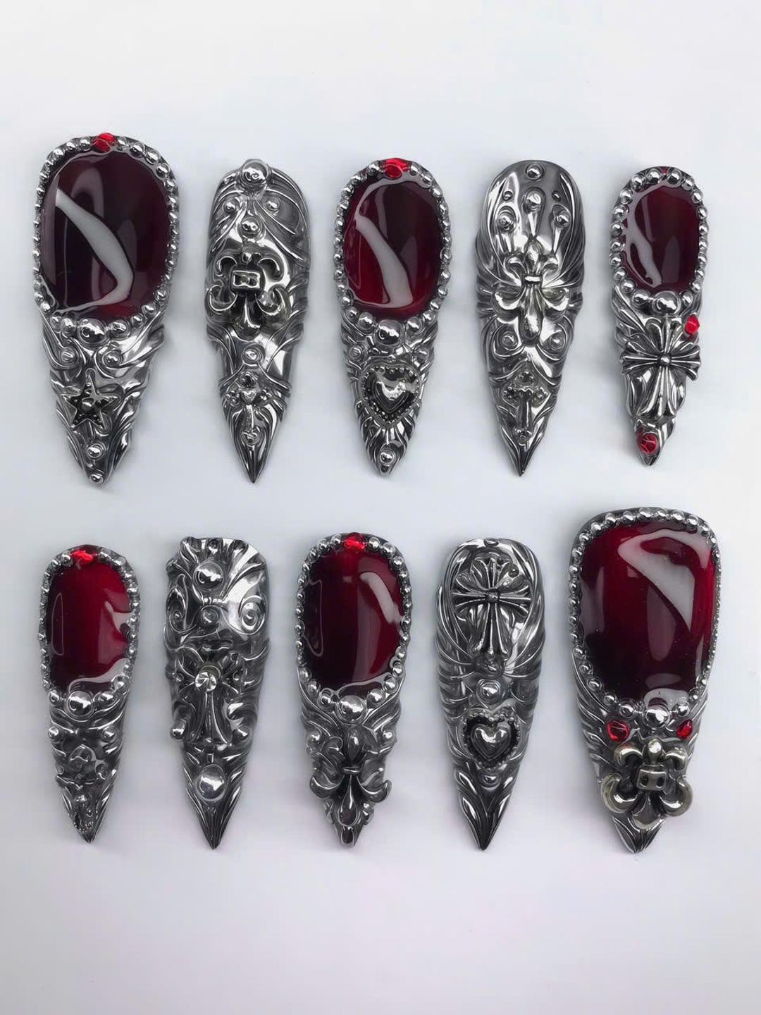 Baroque Gothic Press on Nails, Silver Chrome and Red 3D Sculpted Nails ...