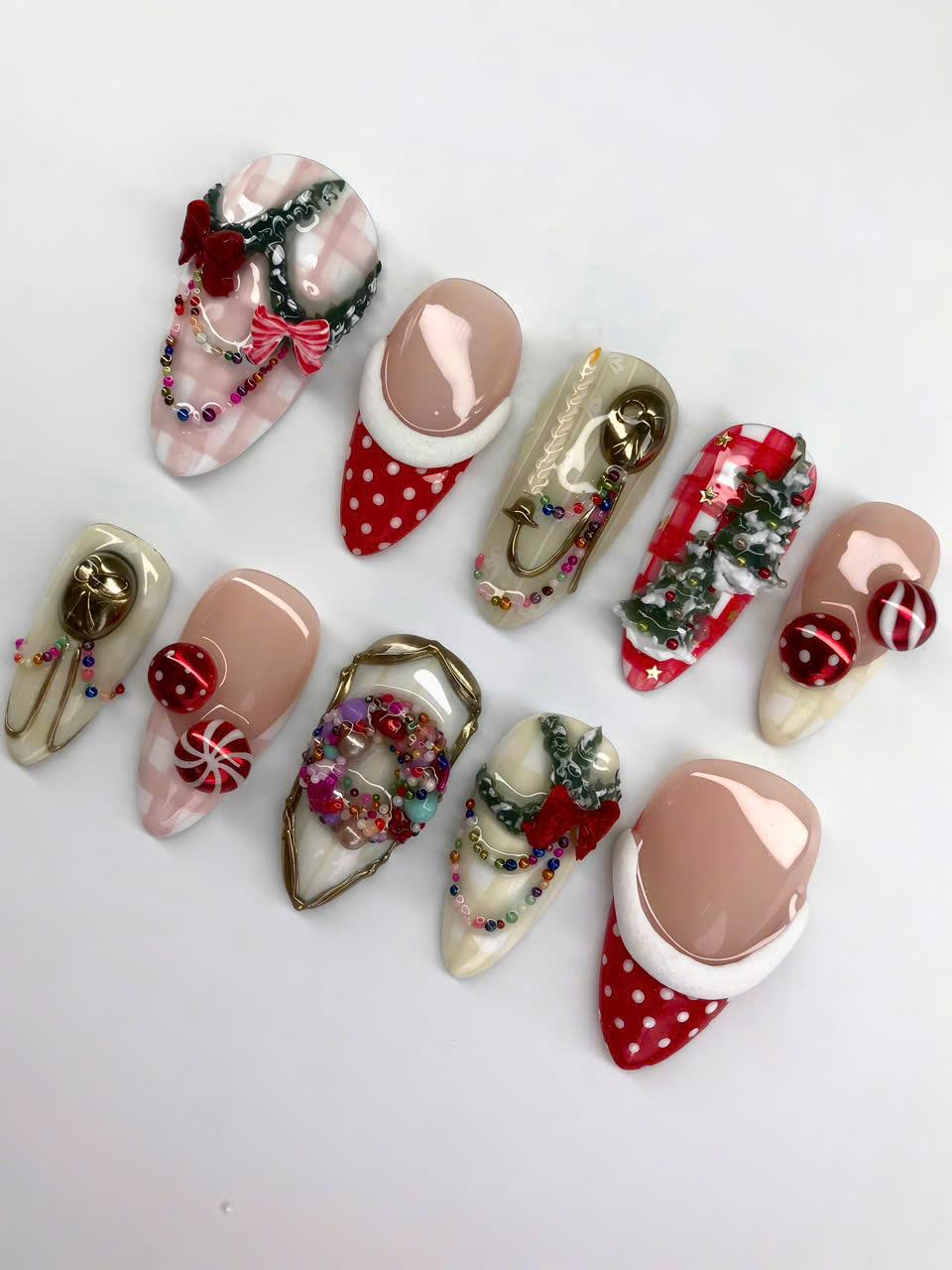 Candyland Christmas Press on Nails, Red Pink Peppermint Nail Set ...