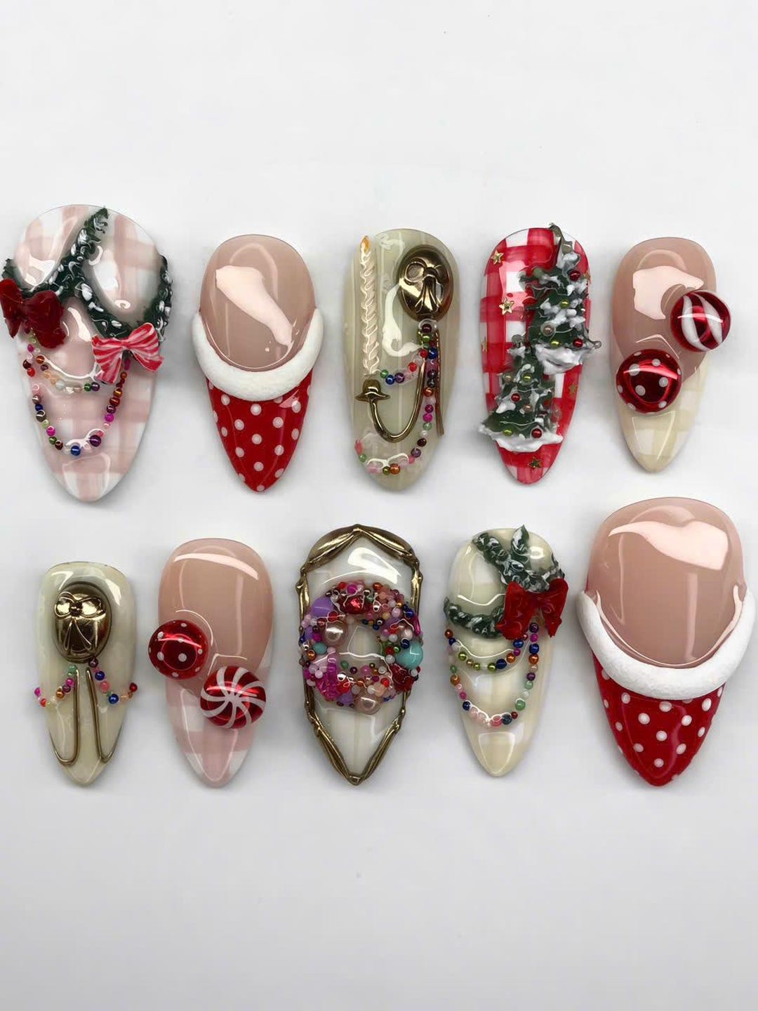 Candyland Christmas Press on Nails, Red Pink Peppermint Nail Set ...