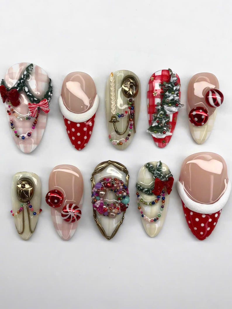 Candyland Christmas Press on Nails, Red Pink Peppermint Nail Set ...