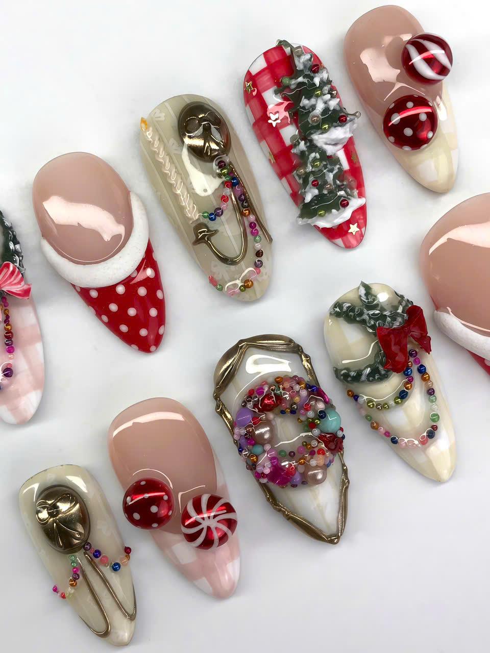 Candyland Christmas Press on Nails, Red Pink Peppermint Nail Set ...