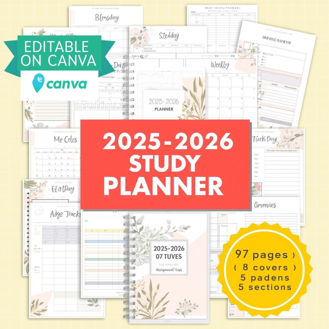 2025-2026 Study Planner Canva Template | Editable Student Planner PDF ...