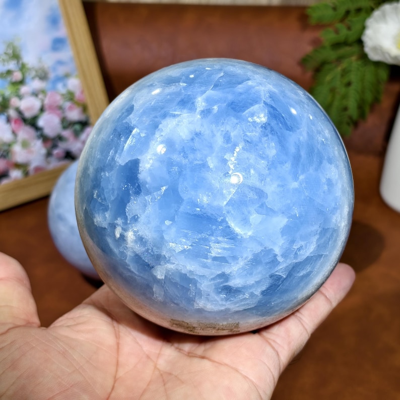 Natural Blue Celestite Sphere, Hand Polished Crystal Sphere, Crown ...
