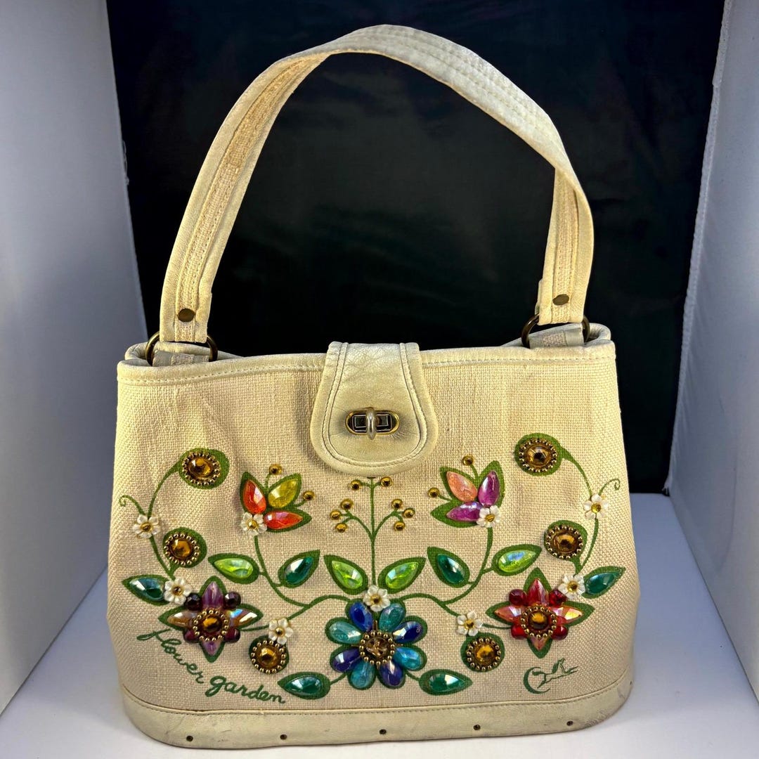 Vintage Enid Collins Flower Garden Jeweled Canvas Leather Handbag Horse ...