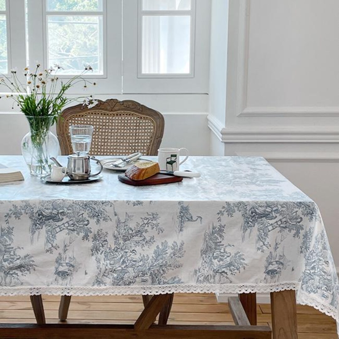 Waterproof Toile De Jouy Tablecloth: French Country Lace Trim - Etsy