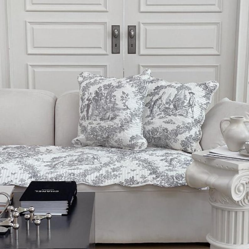 Classic Elegant Quilted Cotton Sofa Mat in French Toile De Jouy, Anti ...