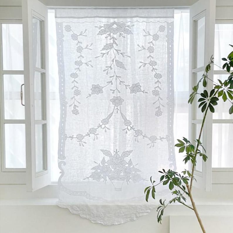 French Embroidered Linen Short Curtain: Elegant Floral Drapery - Etsy