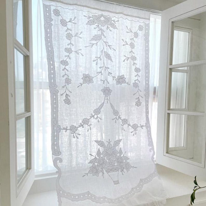 French Embroidered Linen Short Curtain: Elegant Floral Drapery - Etsy