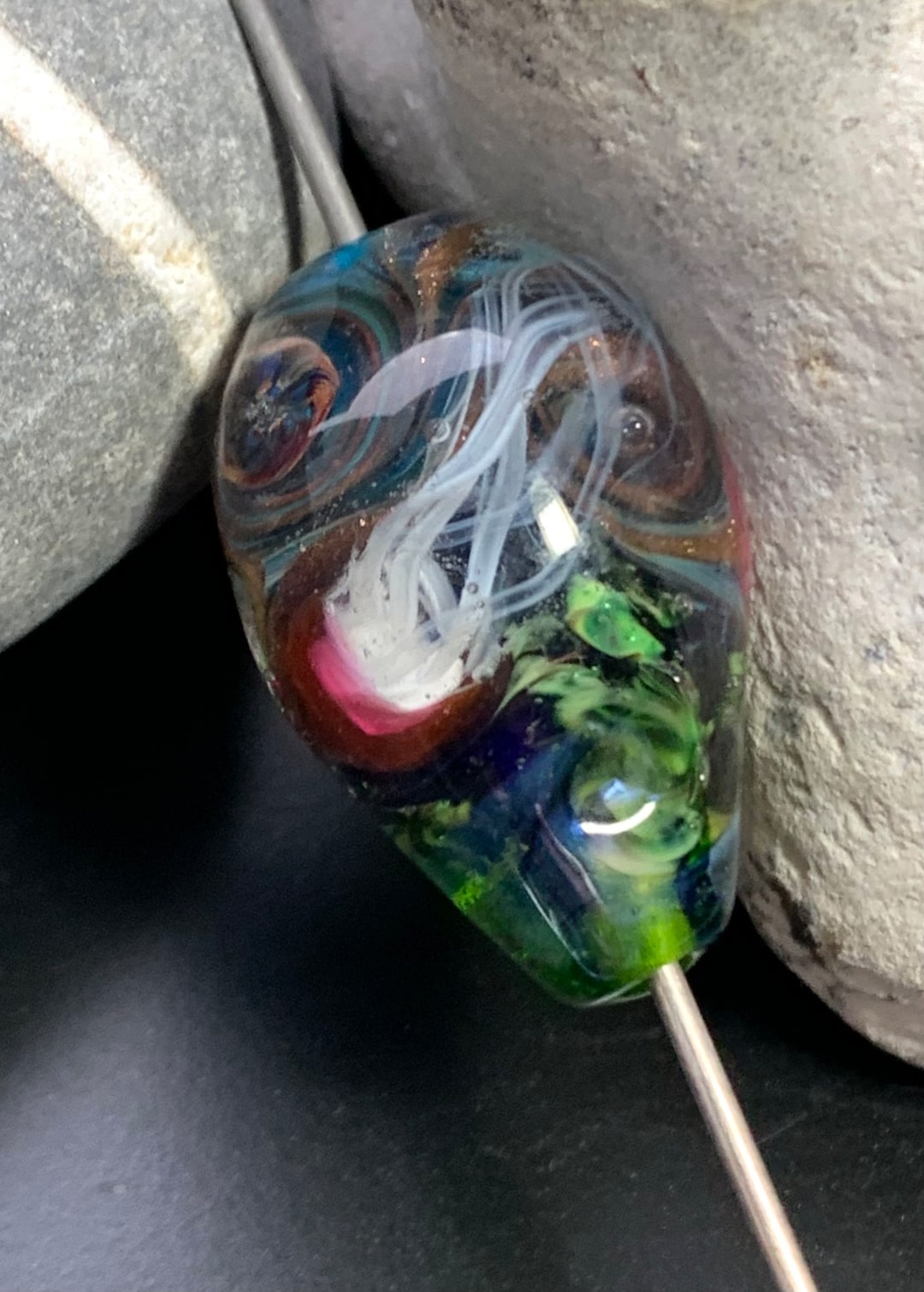 Large Pear-shaped Lampwork Glass Focal Bead With Encased Pink Jellyfish ...