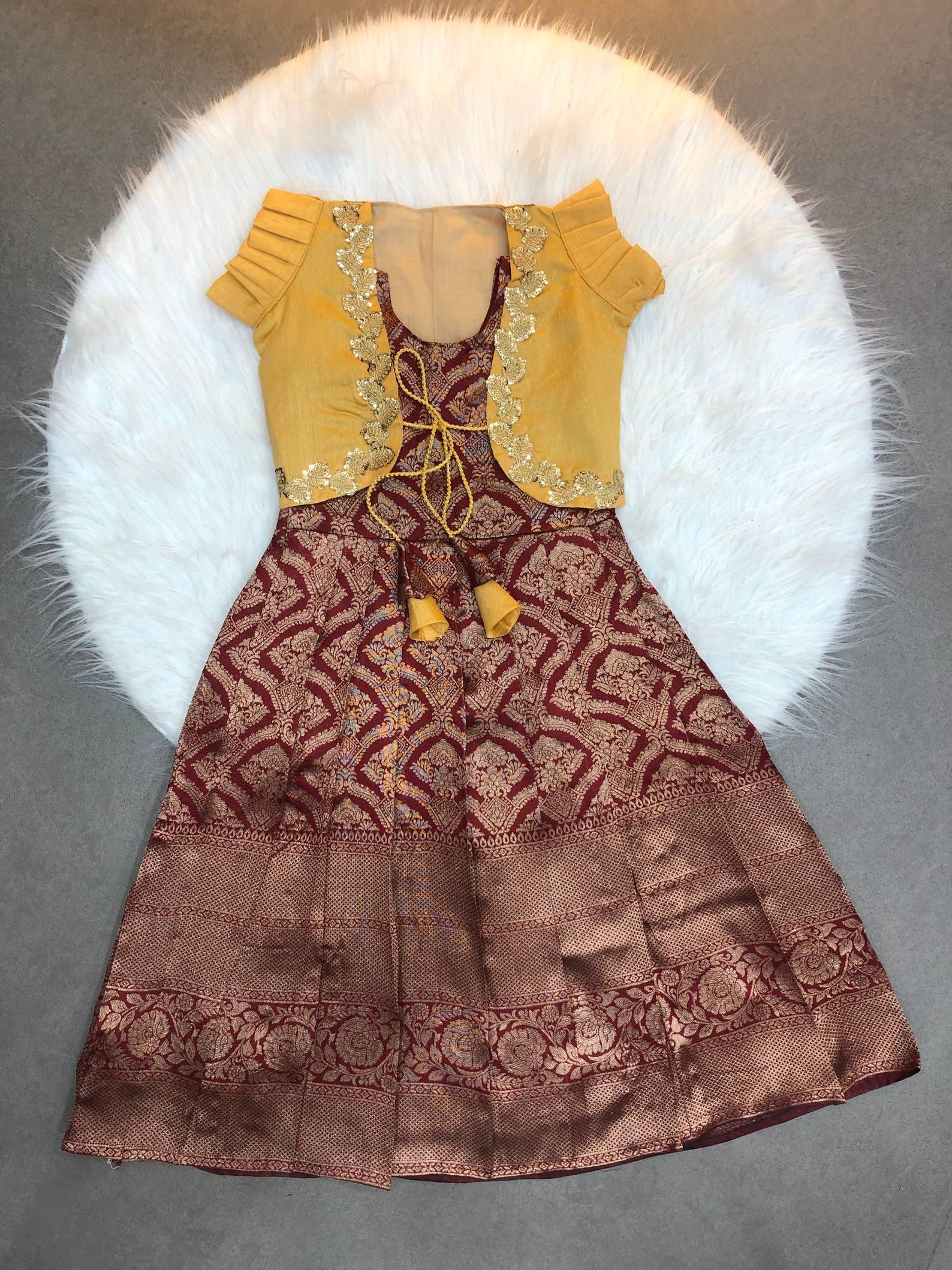 Kids Ethnic Maroon and Mustard Yellow Banarasi Lehenga Gown With Gold ...